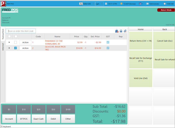 Customer returns at the till (Fred POS Plus)